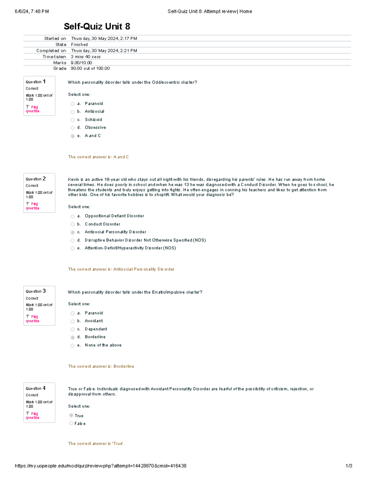 HS 4241 Self-Quiz Unit 8 Attempt 2 - Question 1 Correct Mark 1 out of 1. Flag question Question ...