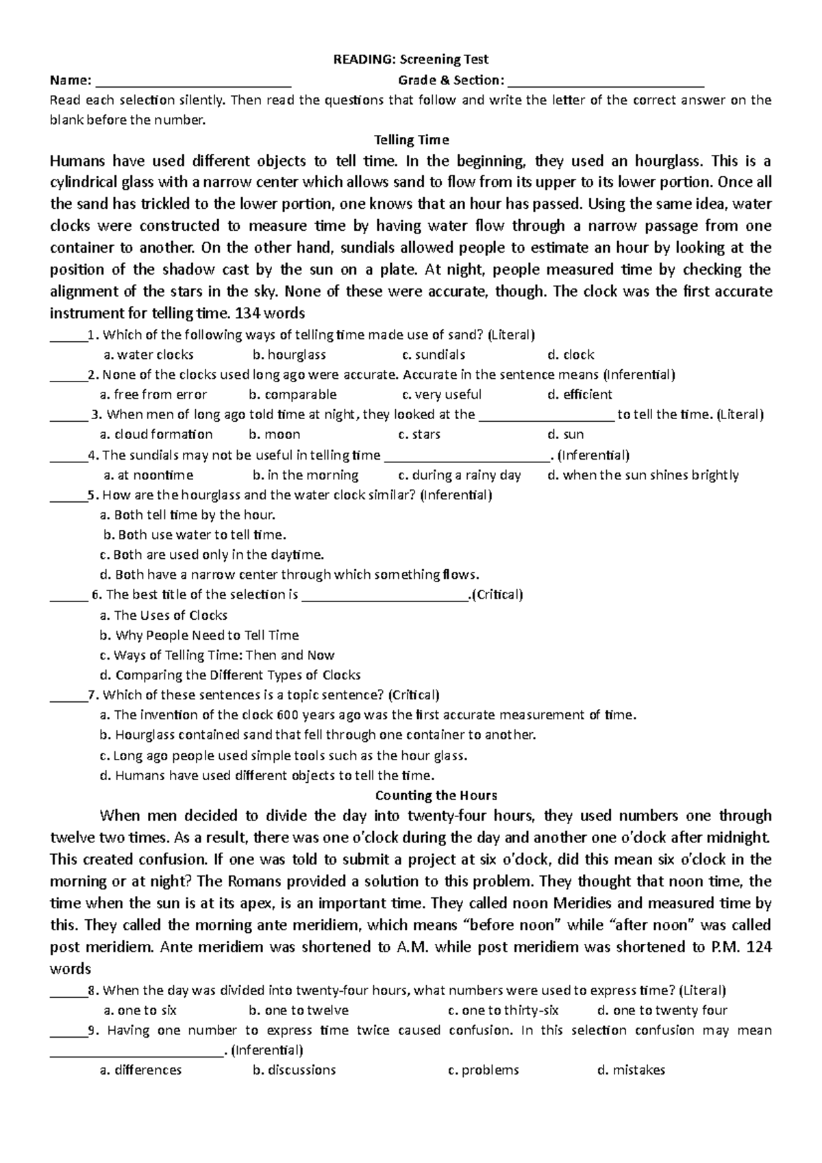 English-Screening-Test - READING: Screening Test Name ...