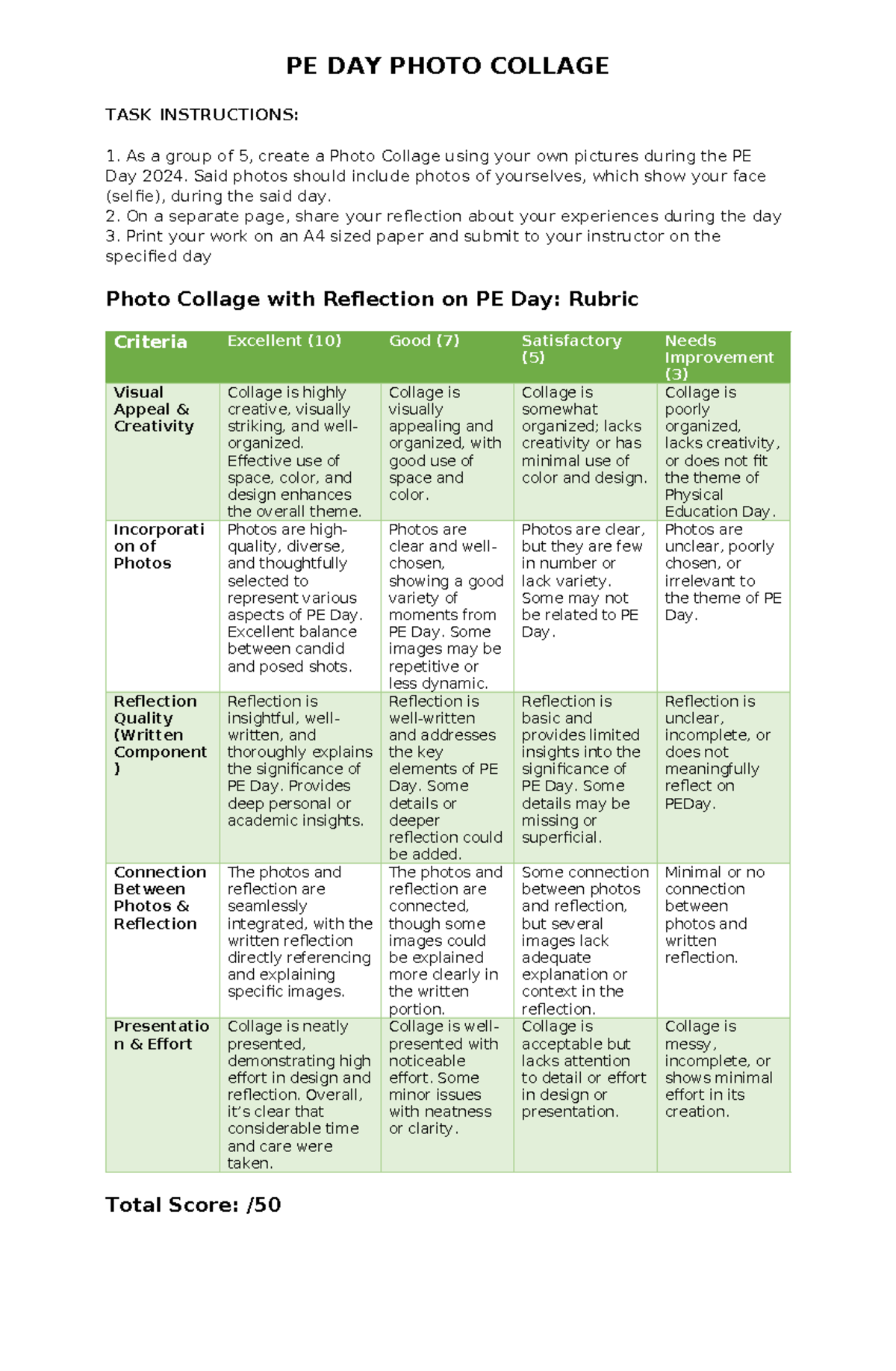 PE Day Collage TASK Instructions - PE DAY PHOTO COLLAGE TASK ...