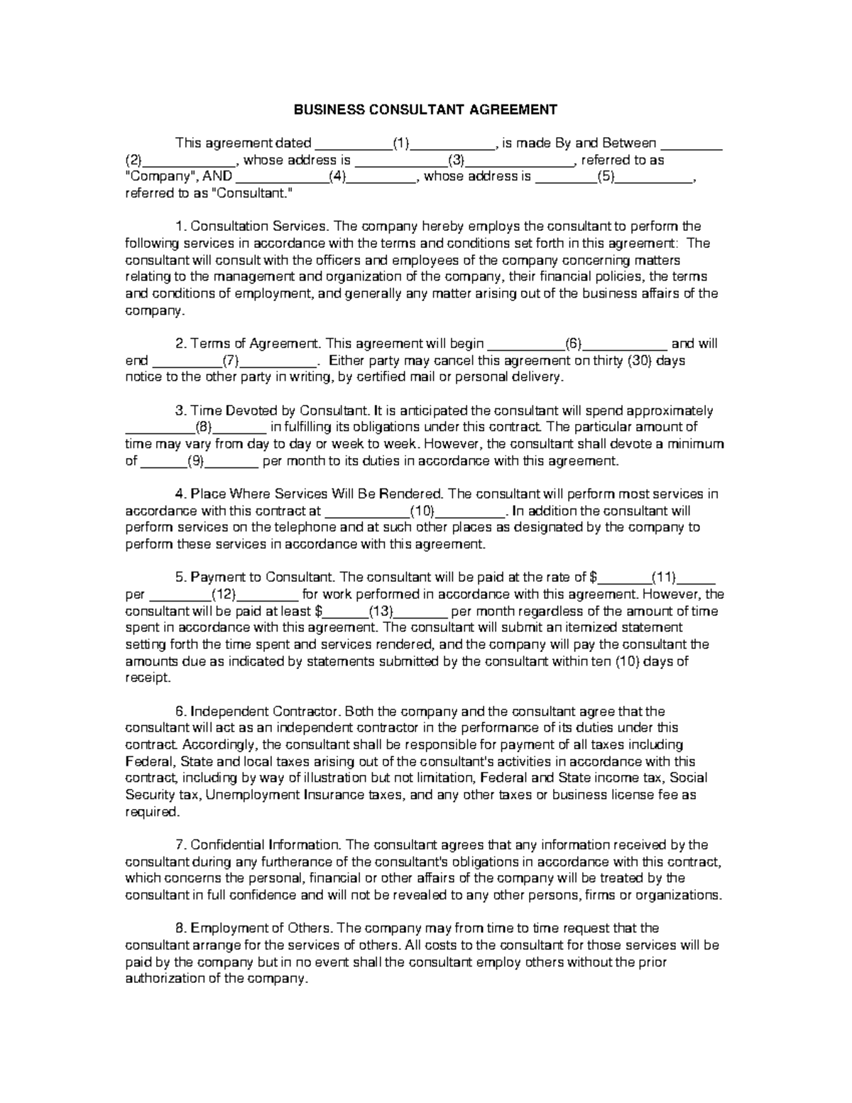 Business Management Contract Form - BUSINESS CONSULTANT AGREEMENT This ...