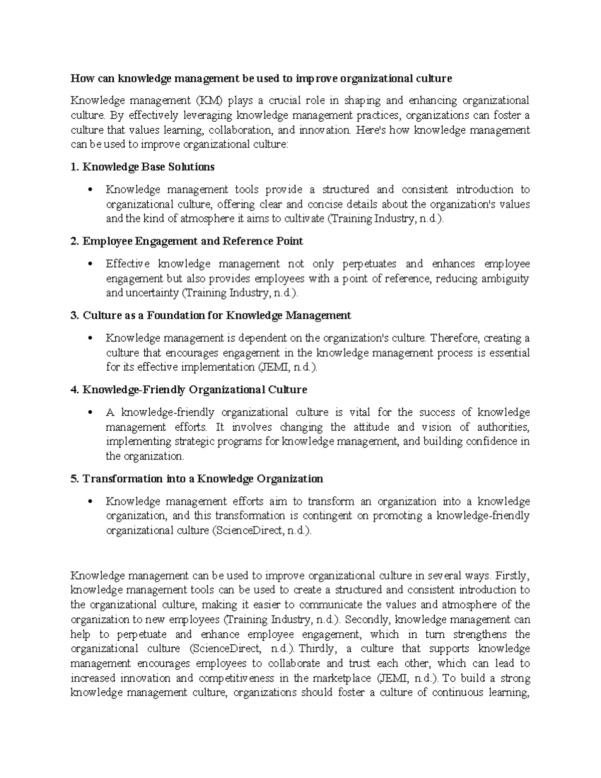 How can knowledge management be used to improve organizational culture ...