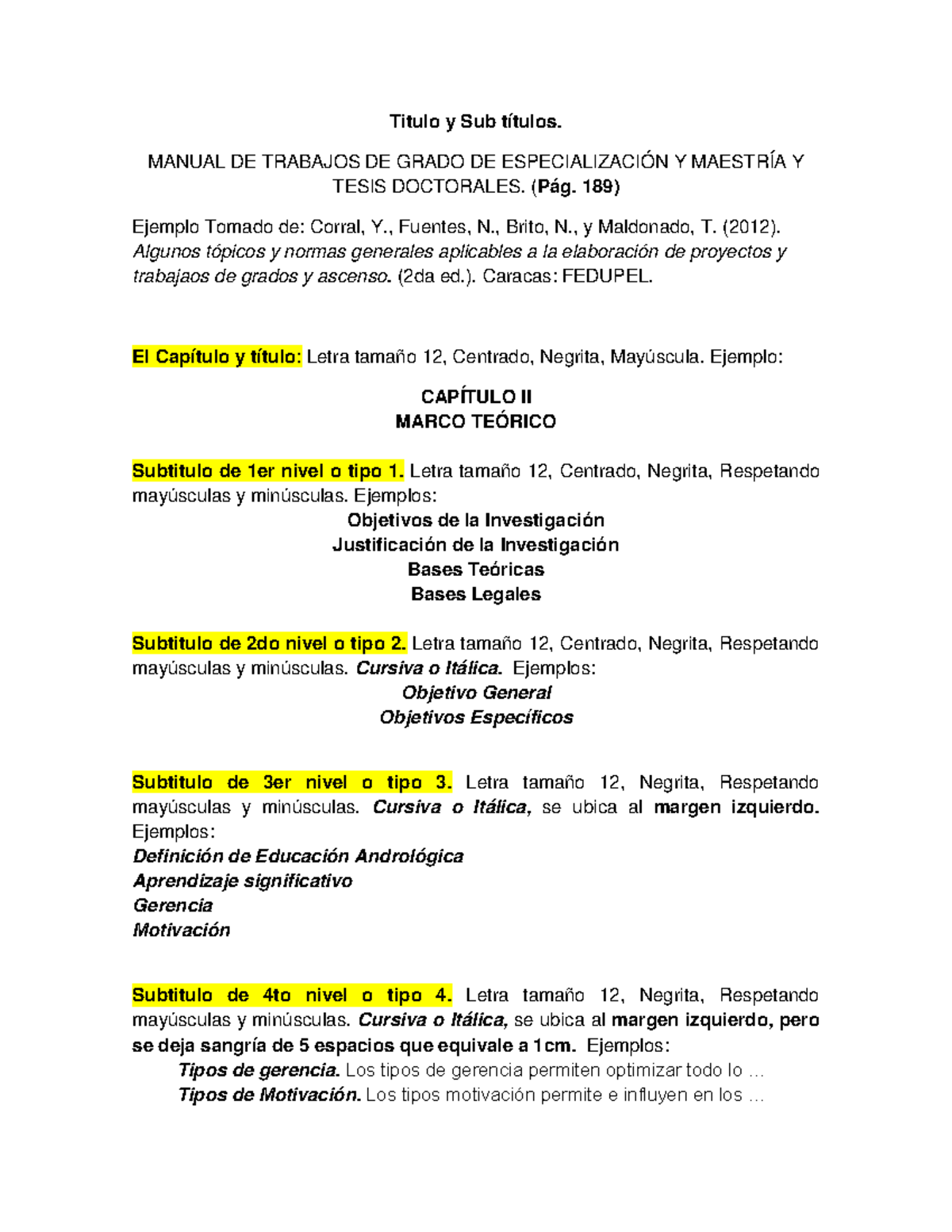 Titulos y Subtìtulos Normas UPEL - Titulo y Sub títulos. MANUAL DE ...