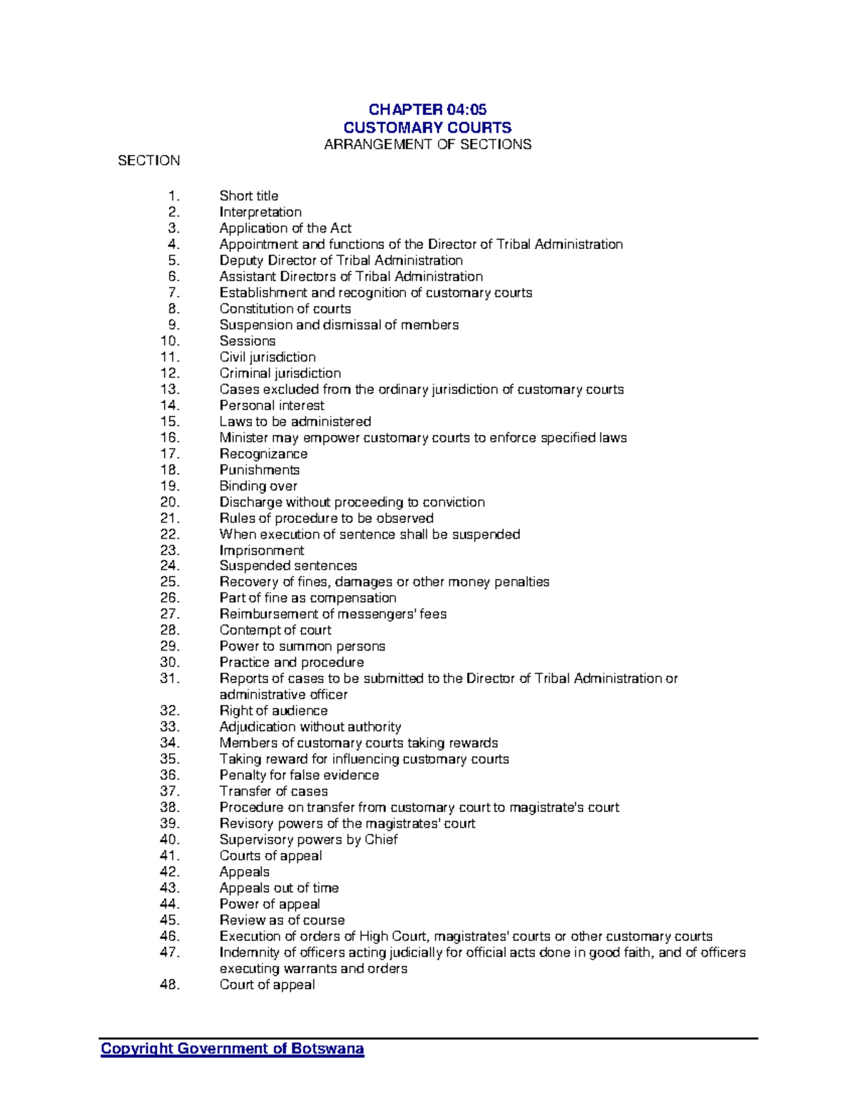 Customary Court Act - Law - CHAPTER 04: CUSTOMARY COURTS ARRANGEMENT OF ...
