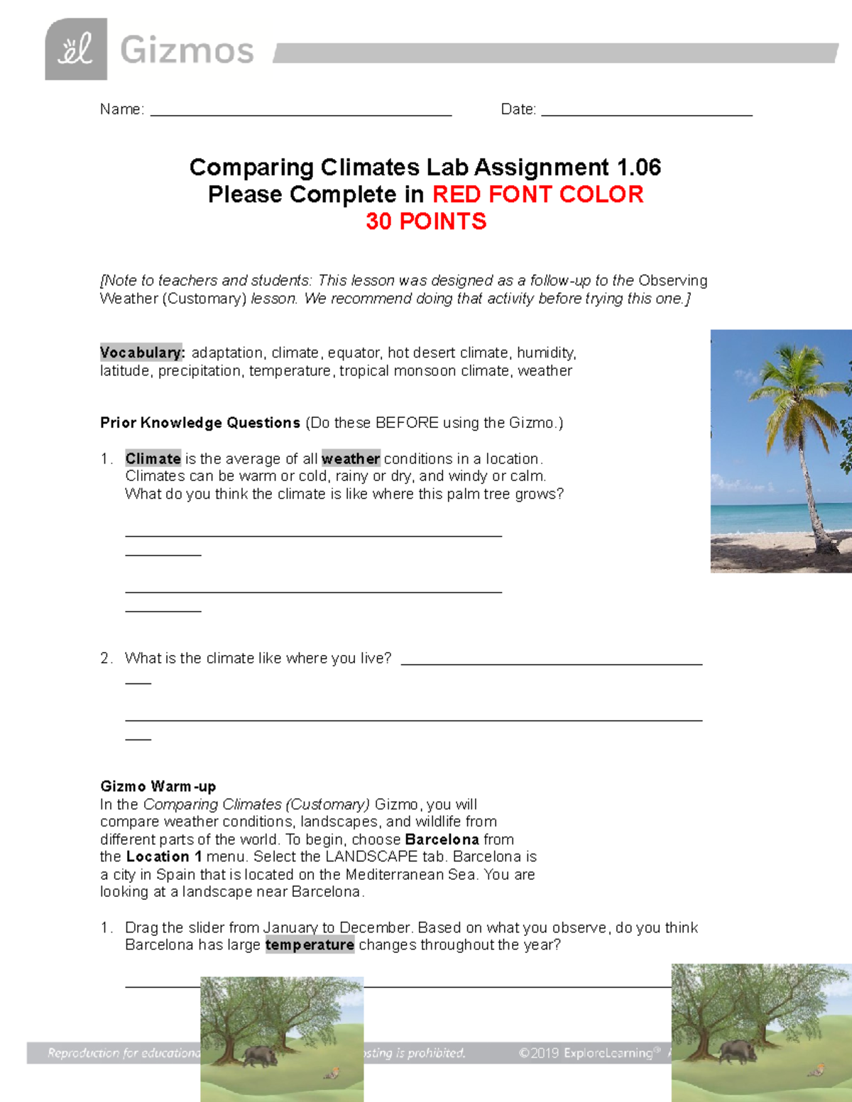 Gizmo Climate LAB 1 - yes - Name: Date: Comparing Climates Lab ...