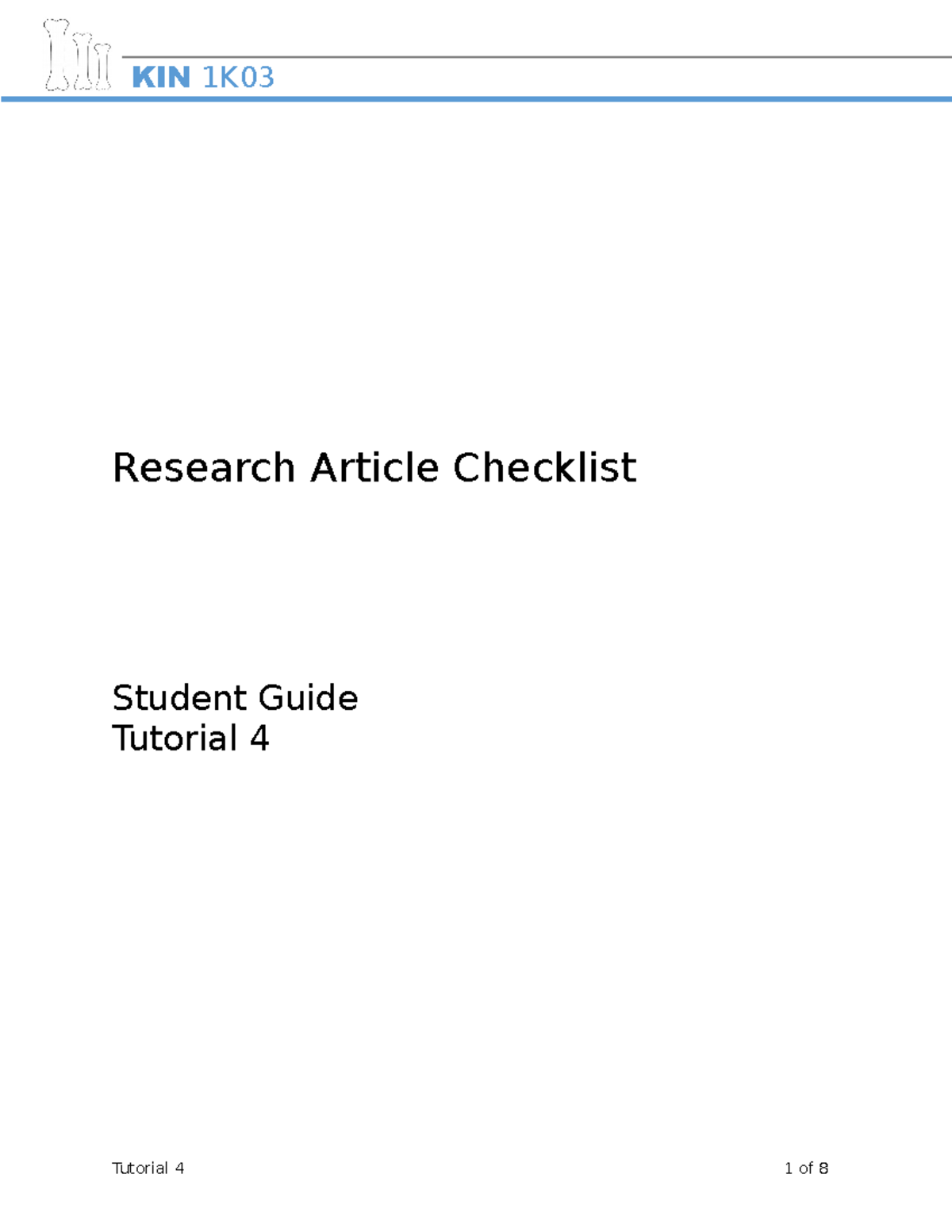 2022 KIN 1K03 Tutorial 4 - Research Article Checklist - Student Guide ...