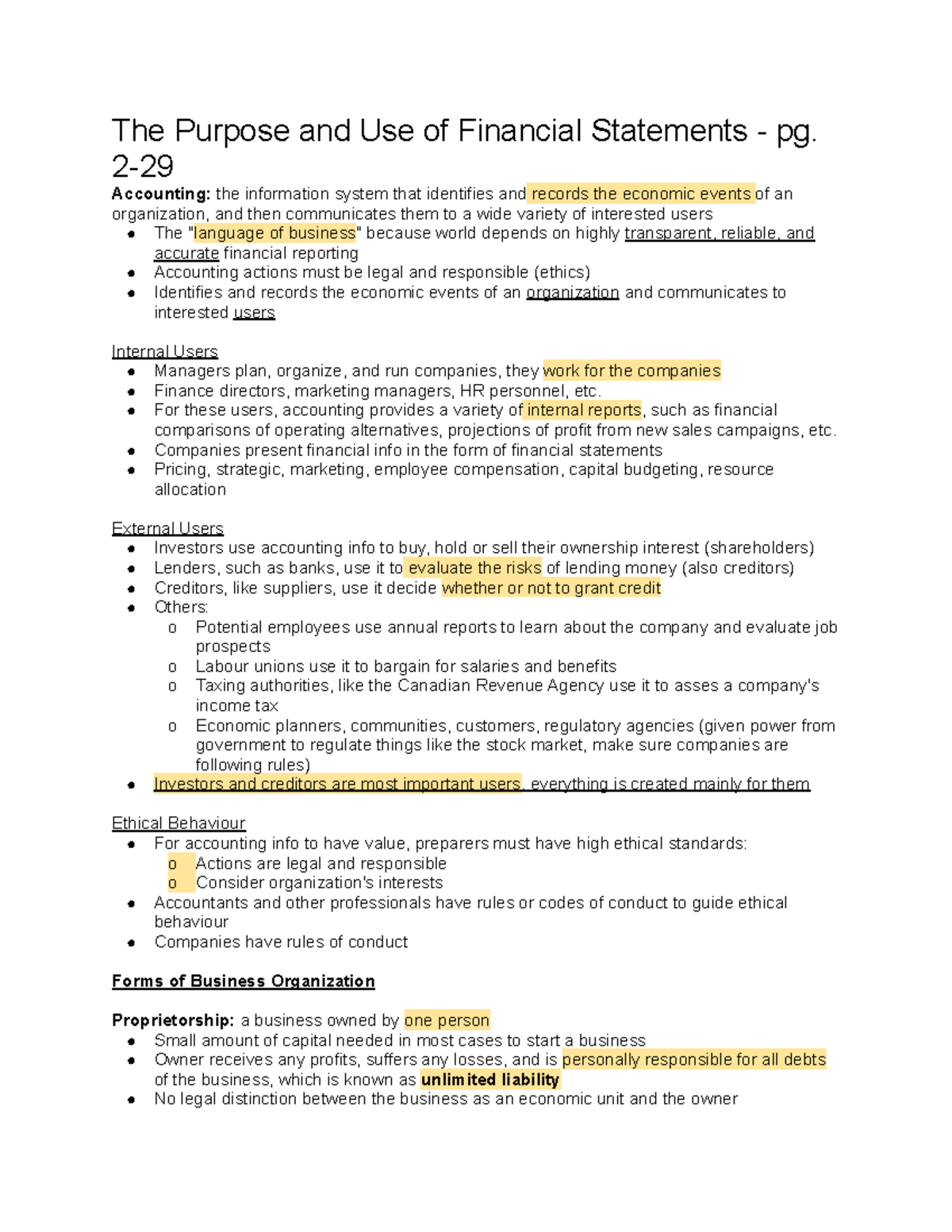 Exam 1 Notes - The Purpose and Use of Financial Statements - pg. 2 ...