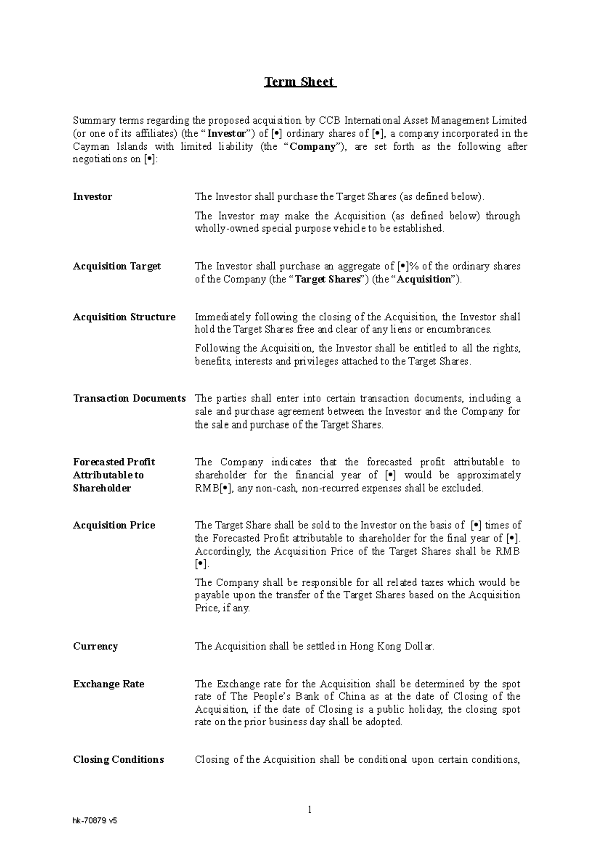 Term Sheet Template Purchase of Shares - Term Sheet Summary terms ...