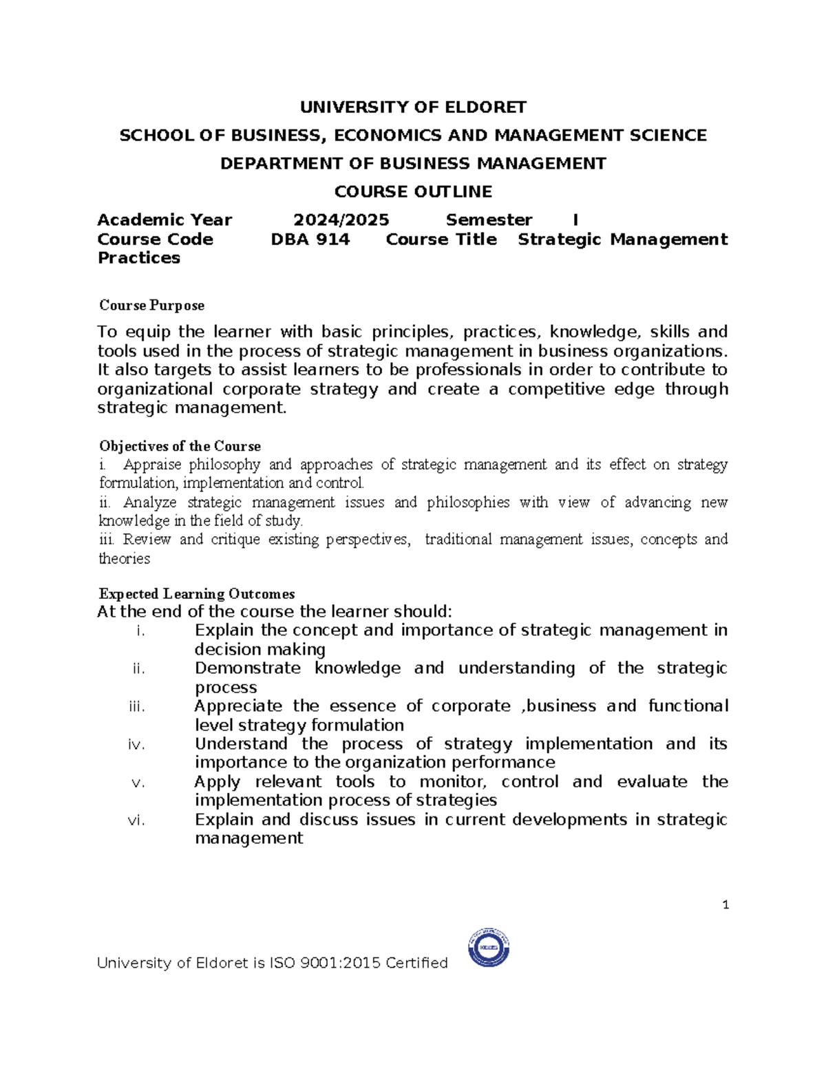 DBA 914 Strategic Management Practices Course Outline - UNIVERSITY OF ...