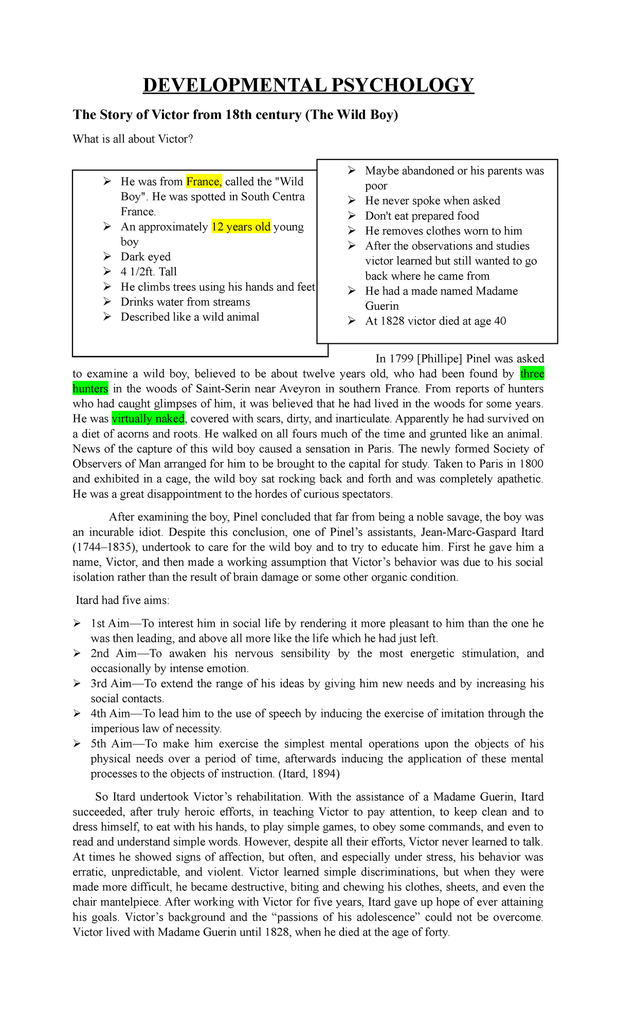 Dev Psych 1 - sdkfn - DEVELOPMENTAL PSYCHOLOGY The Story of Victor from 18th century (The Wild ...