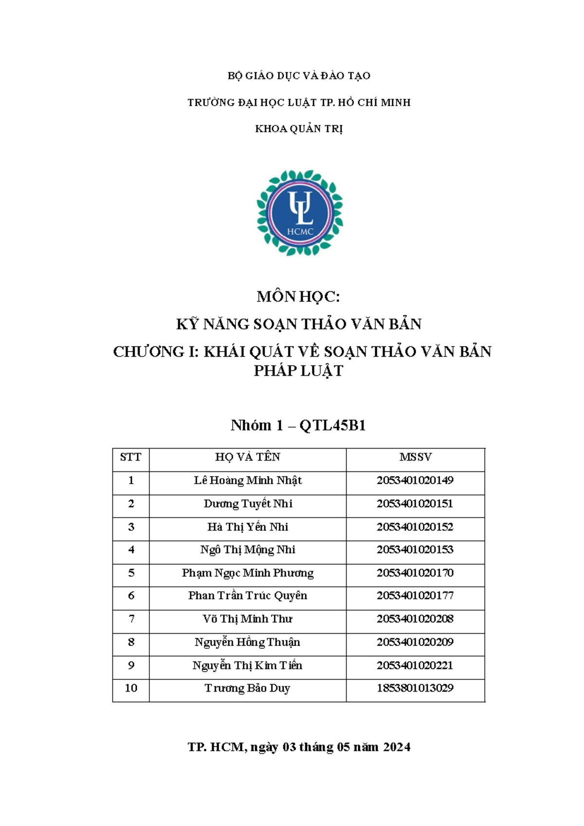 Tổng hợp chương 1 Knstvb - BỘ GIÁO DỤC VÀ ĐÀO TẠO TRƯỜNG ĐẠI HỌC LUẬT TP. HỒ CHÍ MINH KHOA QUẢN ...
