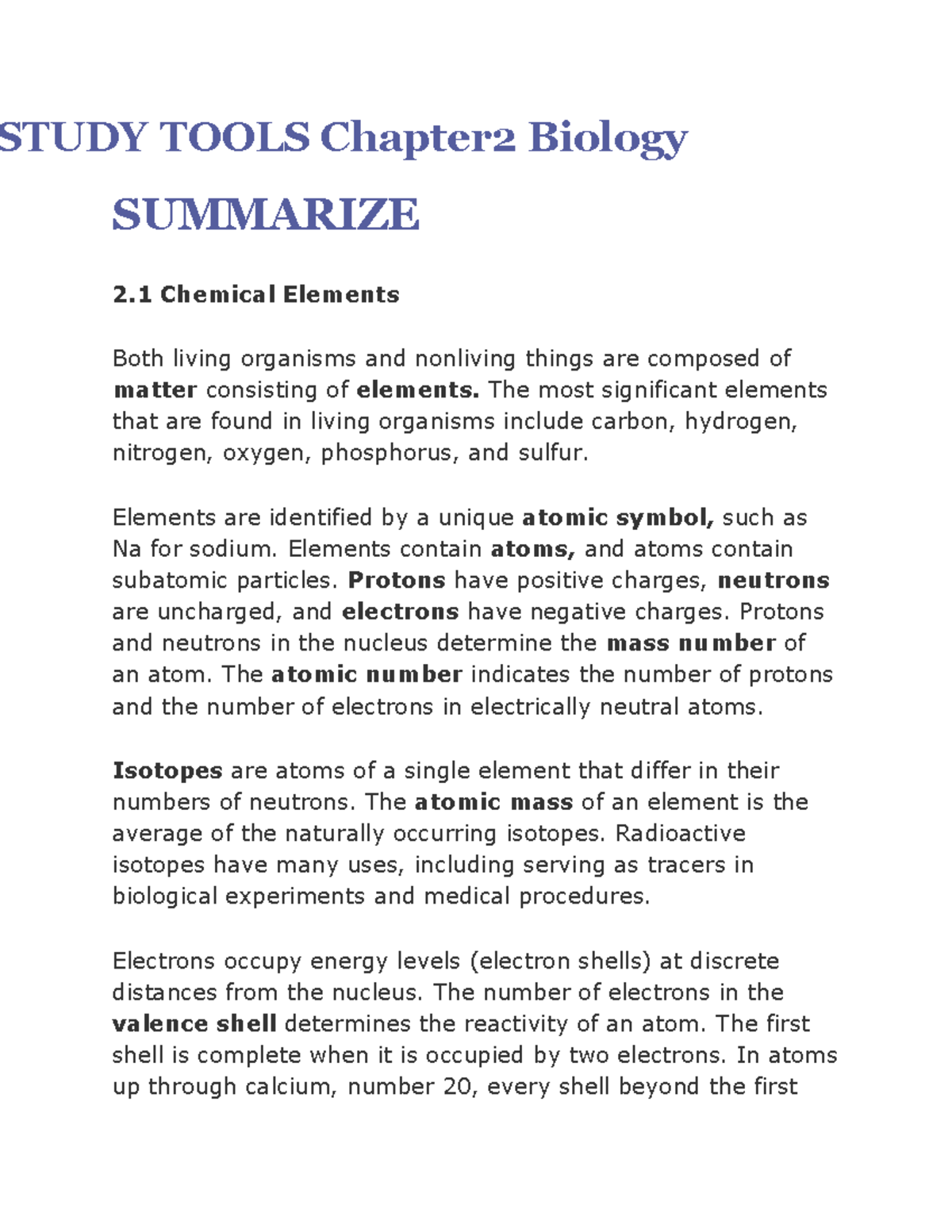 Bio chapter 2 review lesson - STUDY TOOLS Chapter2 Biology SUMMARIZE 2 ...