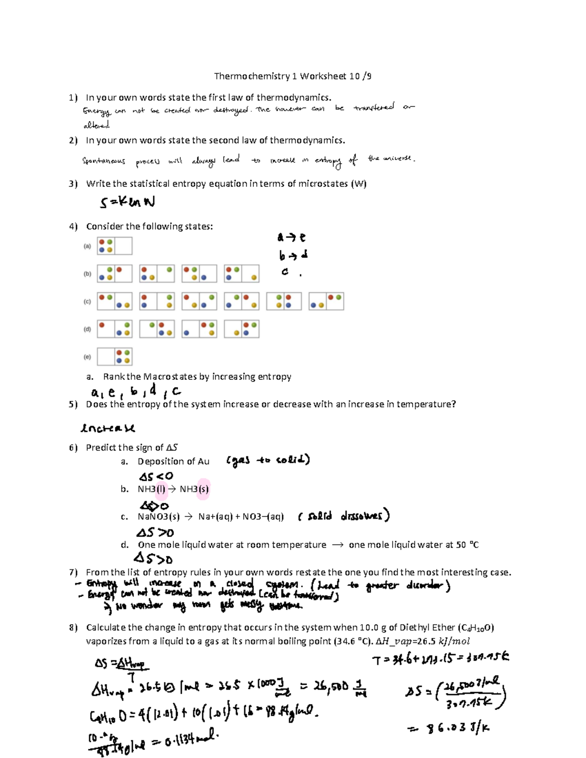 Thermochemistry 1 Worksheet 10 - Thermochemistry 1 Worksheet 10 / 1) In ...