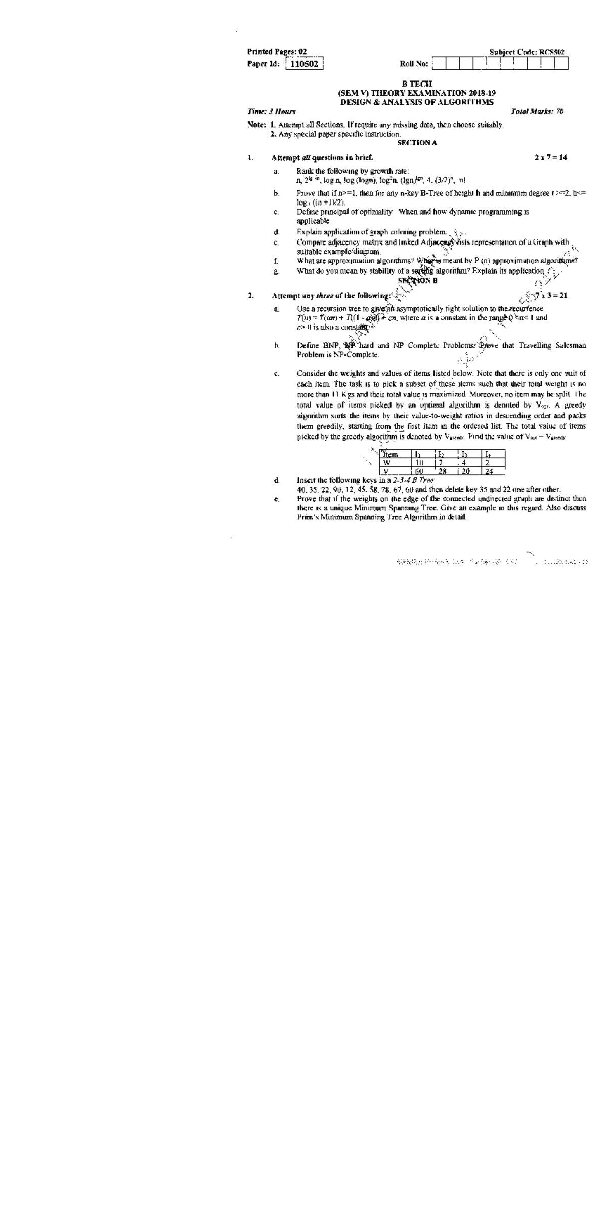 Design Analysis OF Algorithms RCS 502 - Data Structures & Analysis Of Algorithms - Studocu