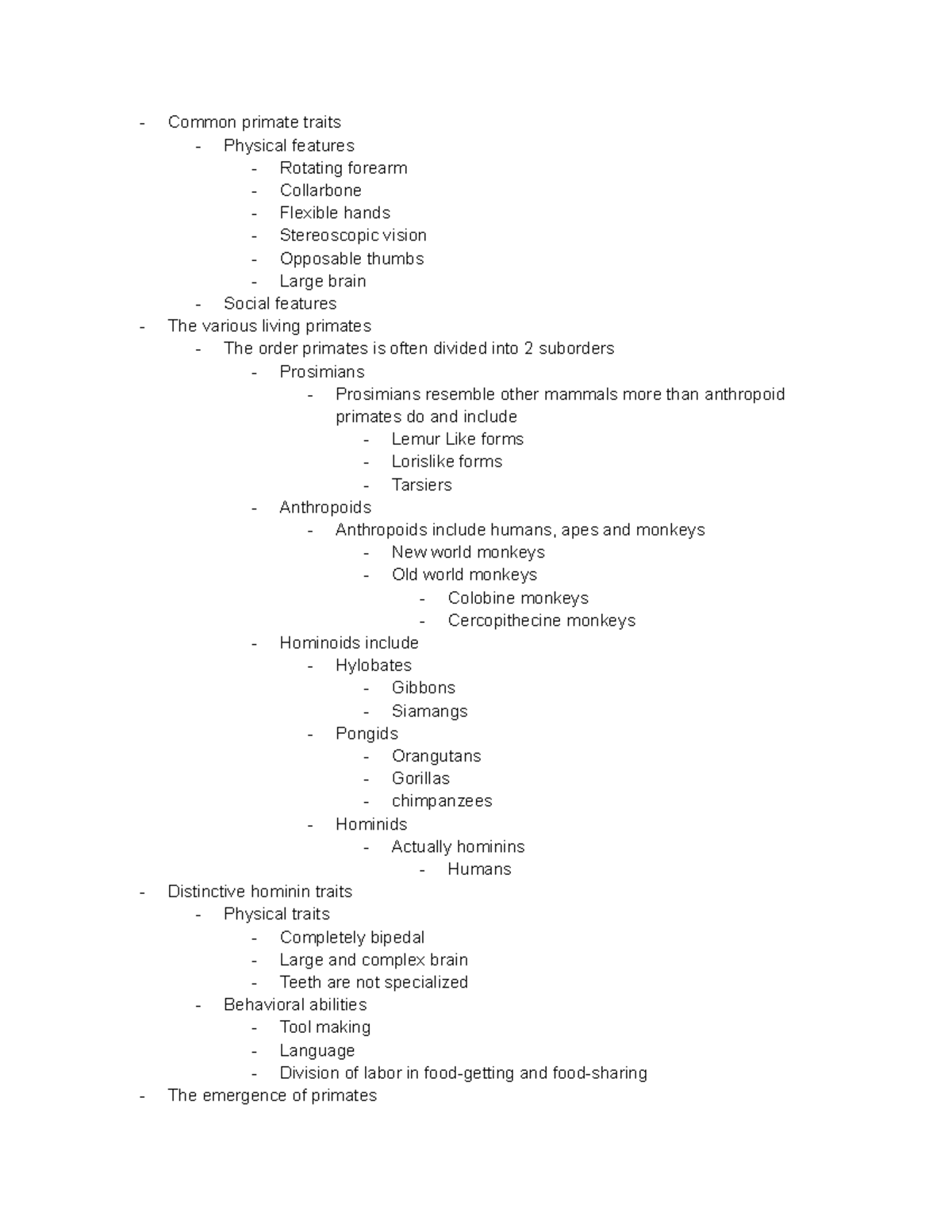 Chapter 5- Primates Past and Present - Common primate traits Physical ...