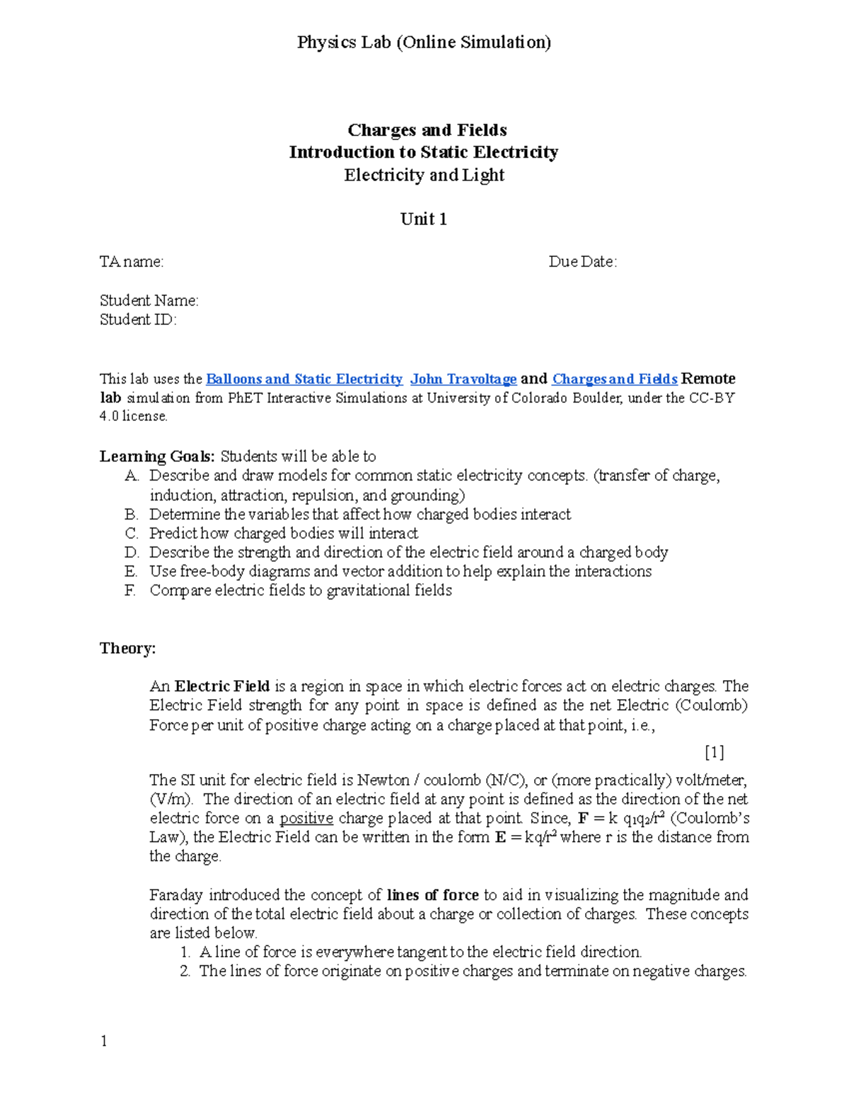 Lab 1 Electric Charge Field Online - Charges and Fields Introduction to ...