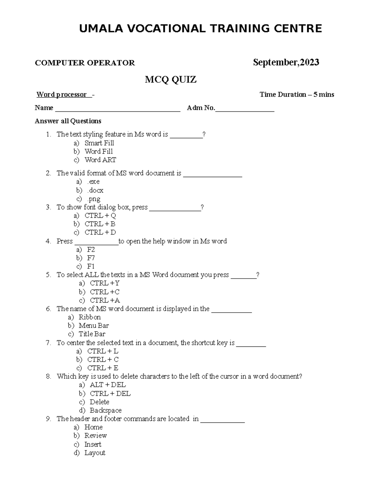 Quiz Computer - UMALA VOCATIONAL TRAINING CENTRE COMPUTER OPERATOR ...