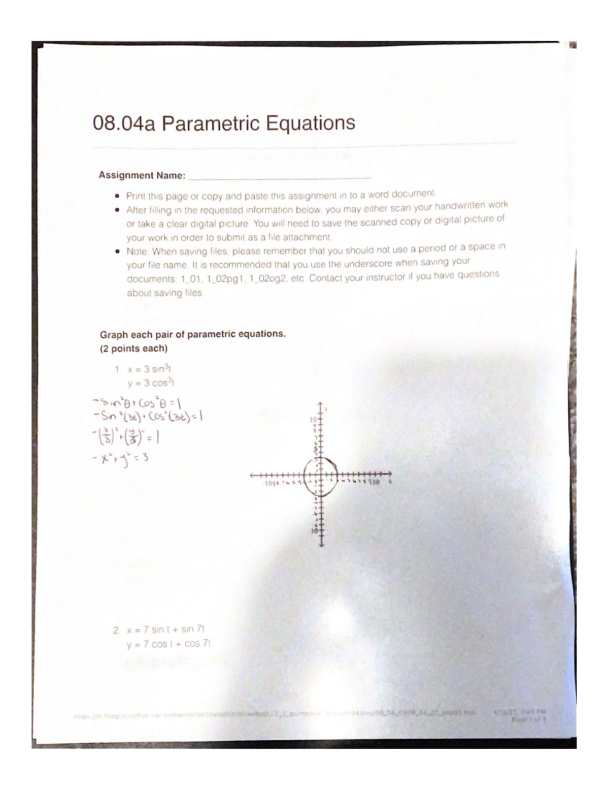 08.04a Parametric Equations - (2 points each) 1. x 3 sin3t cos3 10 ...