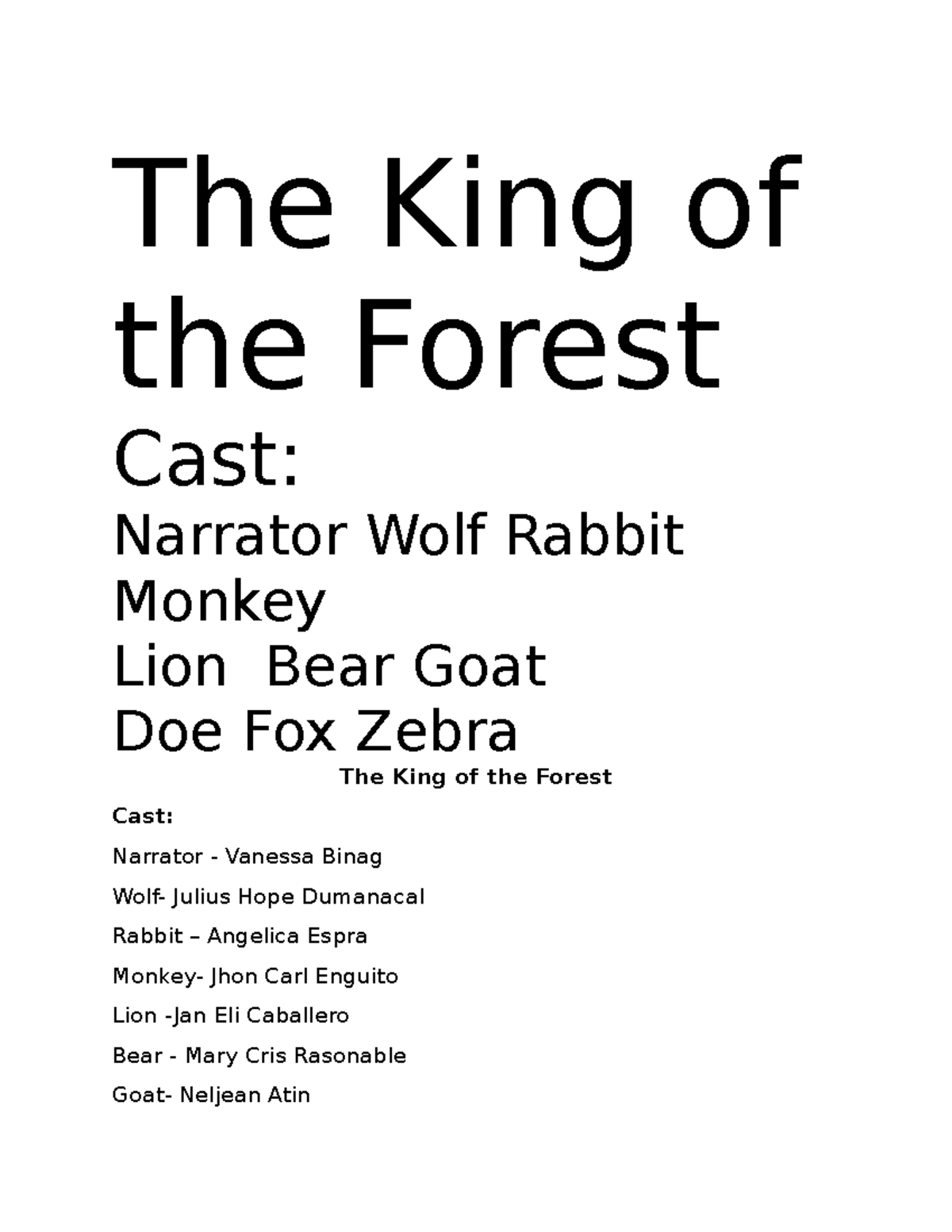 The King of the Forest Readers Theater Script - The King of the Forest ...
