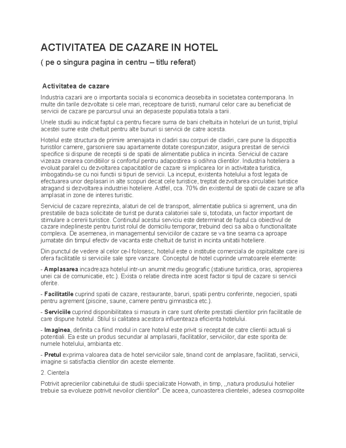 Cazarea Clientilor - tehnica de cazare clienti in hotel - ACTIVITATEA ...