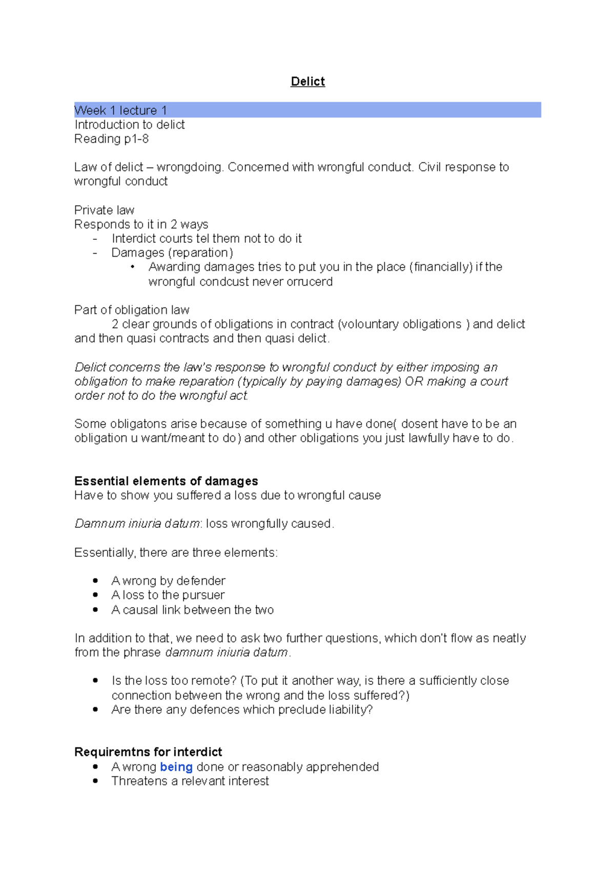 Delict lec notes - Delict Week 1 lecture 1 Introduction to delict ...