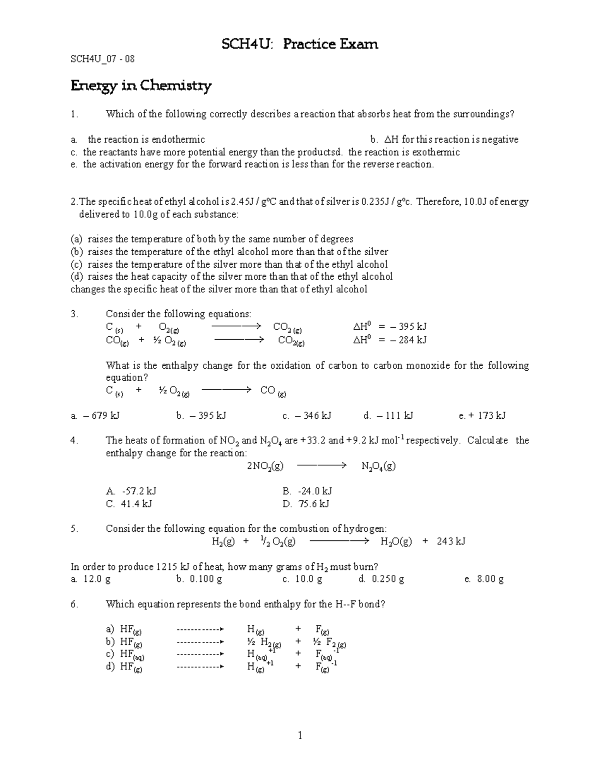 SCH4U-Practice Exam - SCH4U: Practice Exam SCH4U_07 - 08 Energy in ...