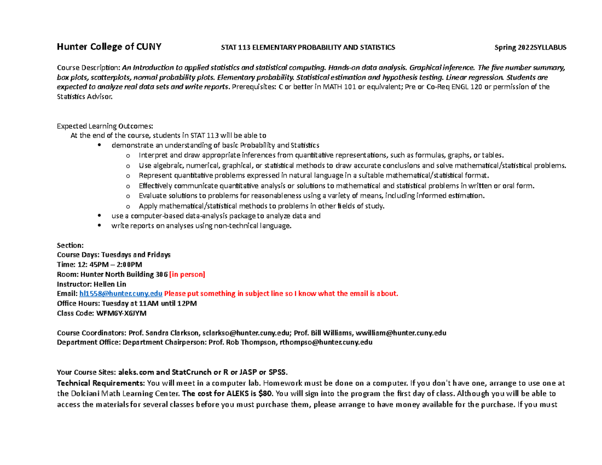 STAT113 Syllabus - Hunter College of CUNY STAT 113 ELEMENTARY ...
