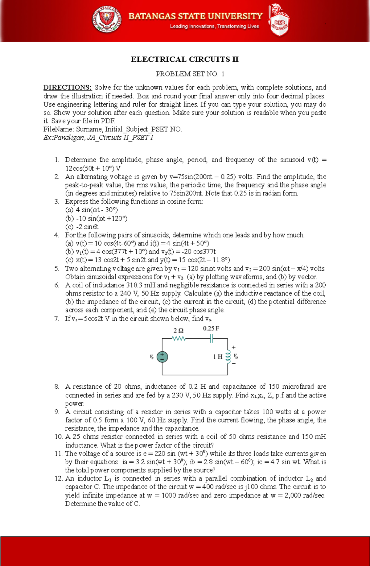 Instantaneous Problem Set complete edition - ` ELECTRICAL CIRCUITS II PROBLEM SET NO. 1 ...