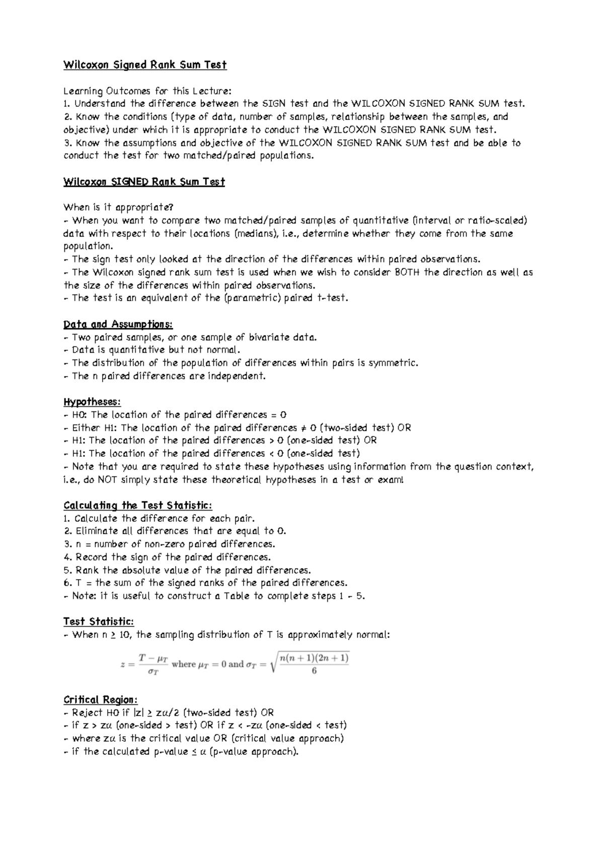 Wilcox Signed Rank Sum Test notes - Wilcoxon Signed Rank Sum Test ...