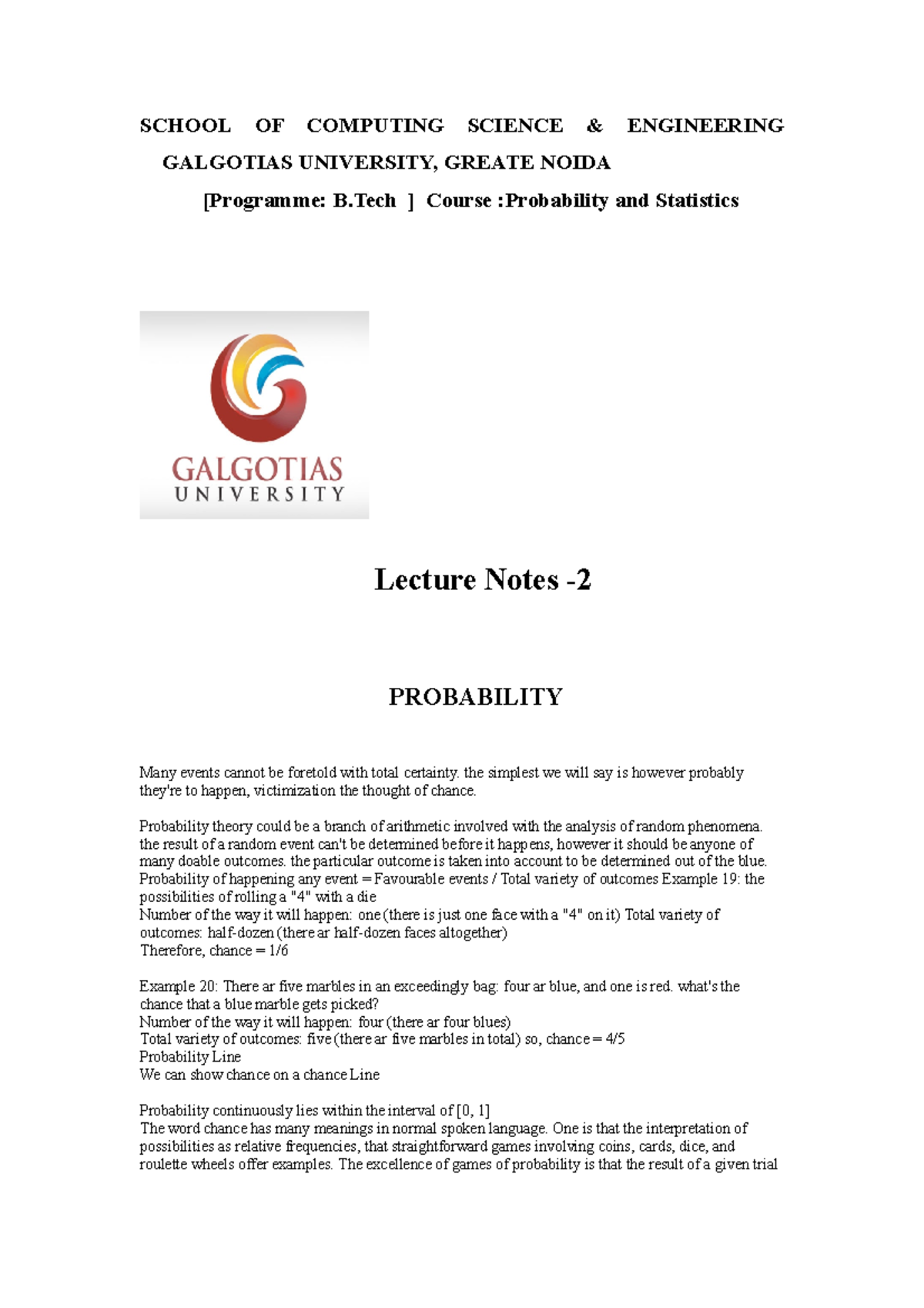 Probablity and statistics lecture 2 @ Galgotias university - SCHOOL OF COMPUTING SCIENCE & - Studocu