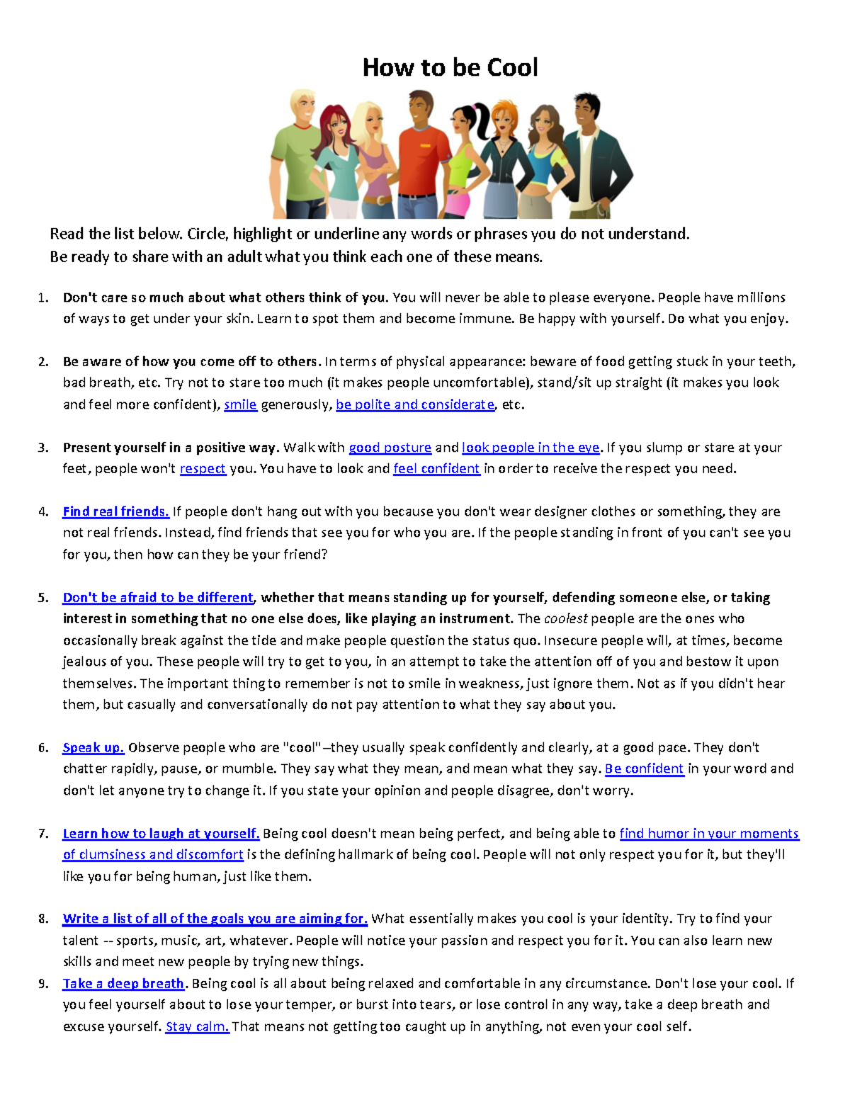 How to be Cool - How to be Cool Read the list below. Circle, highlight ...