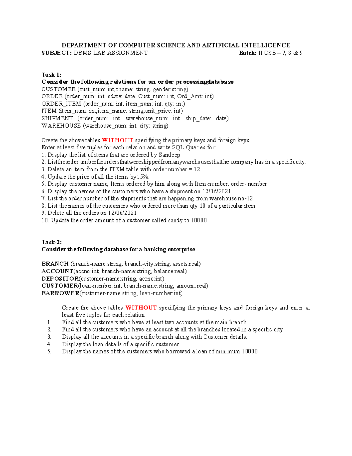 DBMS Assignment 8 - DEPARTMENT OF COMPUTER SCIENCE AND ARTIFICIAL INTELLIGENCE SUBJECT: DBMS LAB ...