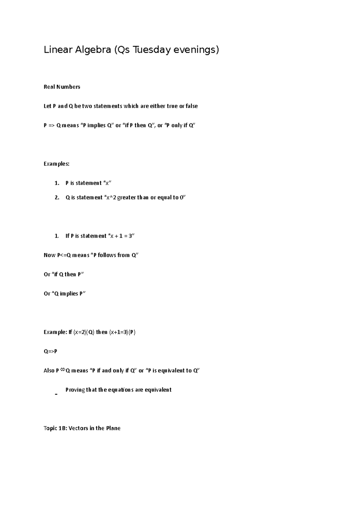 Linear Algebra - Notes - Linear Algebra (Qs Tuesday evenings) Real ...