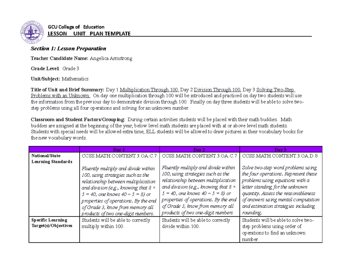Benchmark Topic 7 AArmstrong - Section 1: Lesson Preparation Teacher ...