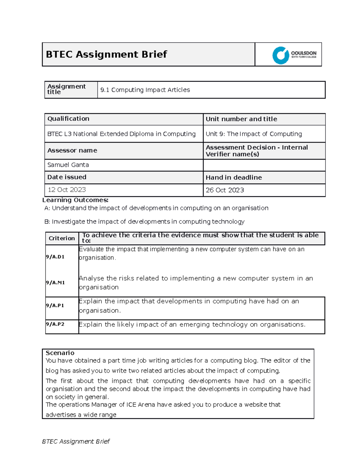 Assignment 9.1 - BTEC Assignment Brief Assignment title 9 Computing ...