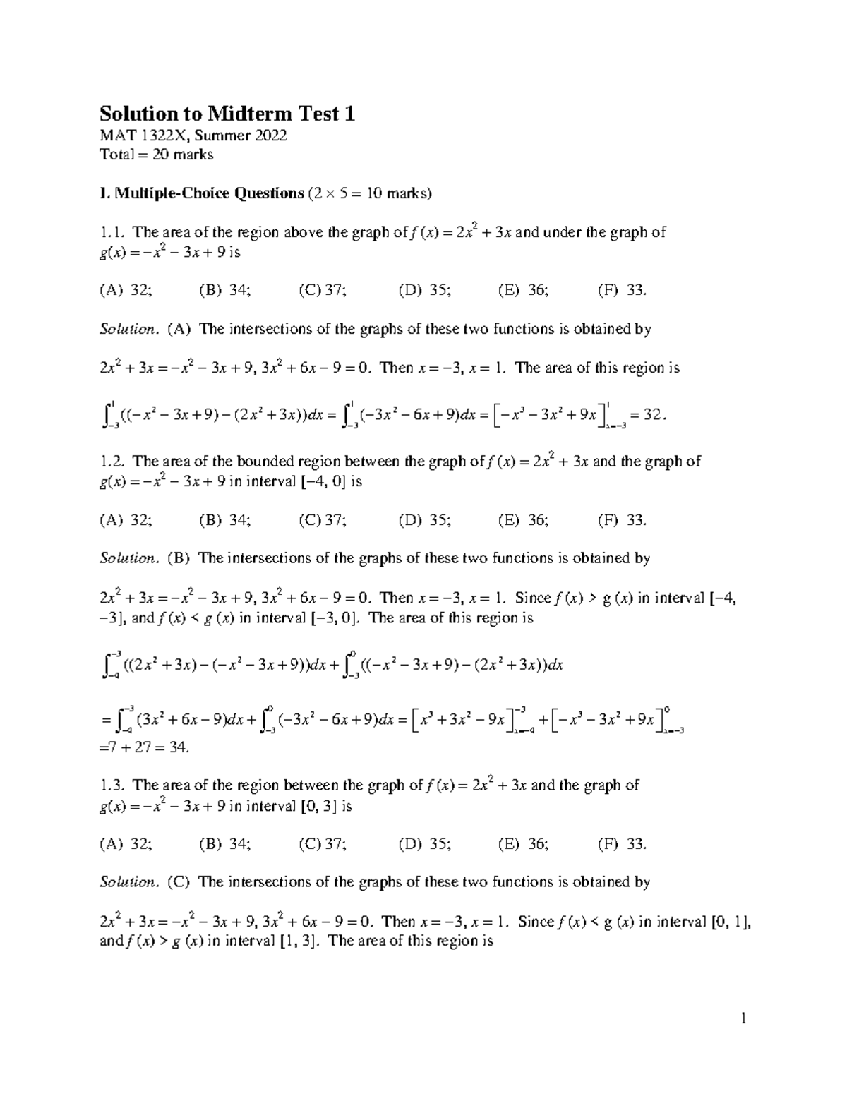 1322Midterm 1Solution S 22 - Solution to Midterm Test 1 MAT 1322X ...