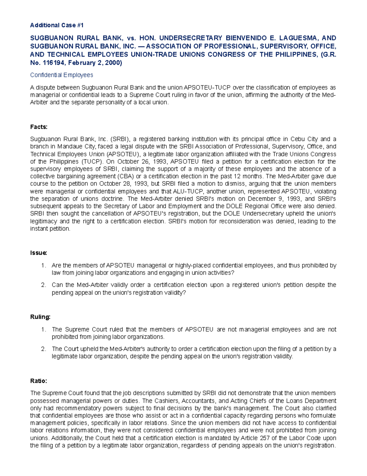 Additional Case November 27 - Additional Case SUGBUANON RURAL BANK, vs. HON. UNDERSECRETARY ...