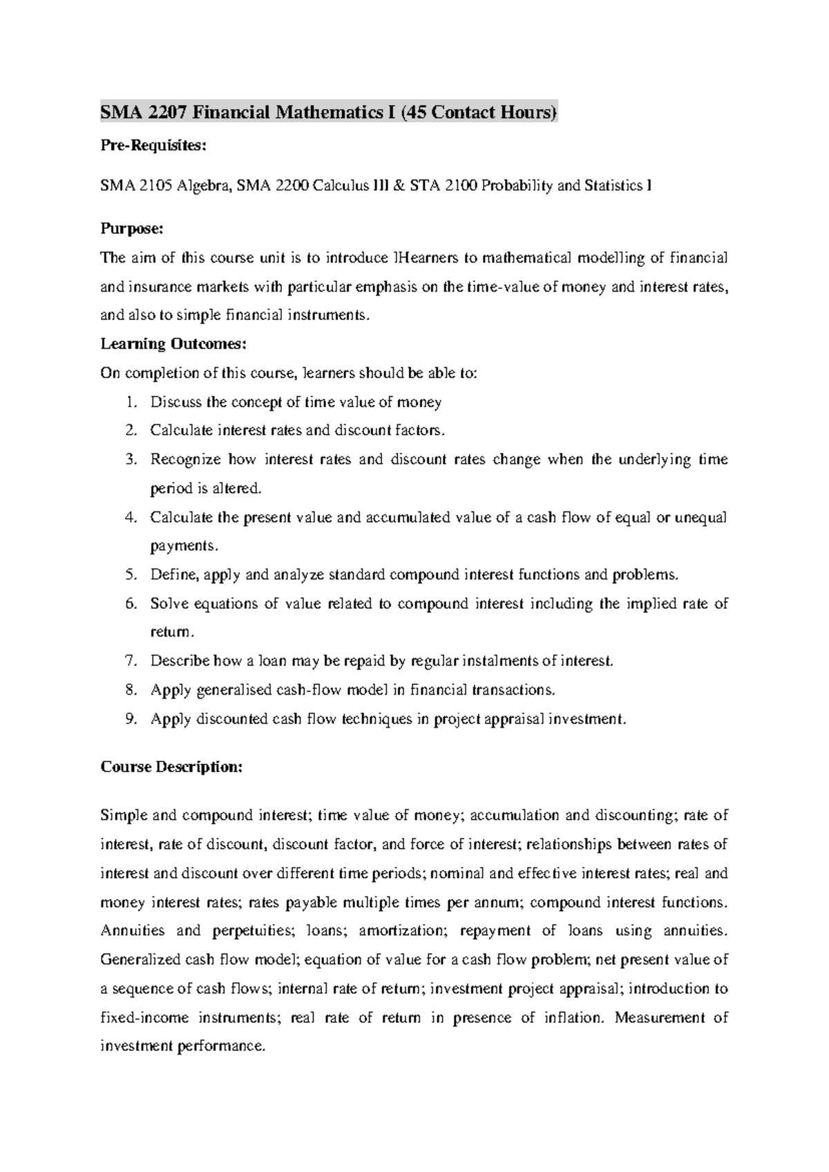 SMA 2207 Financial Mathematics I - Learning Outcomes: On completion of ...
