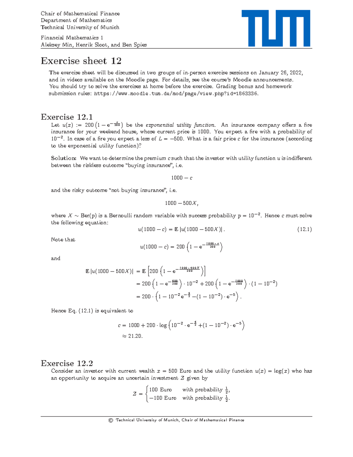 Fi Ma1 Exercise Sheet 12 Solution - Chair of Mathematical Finance ...