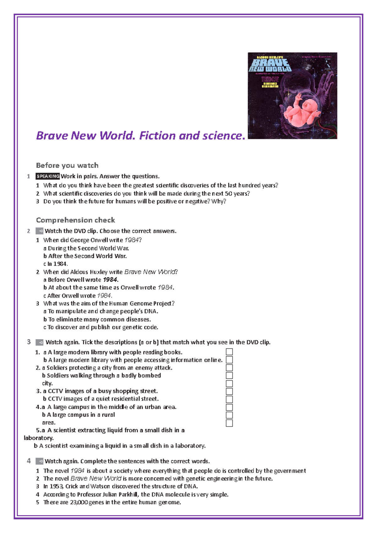 Brave New World worksheet - Brave New World. Fiction and science ...