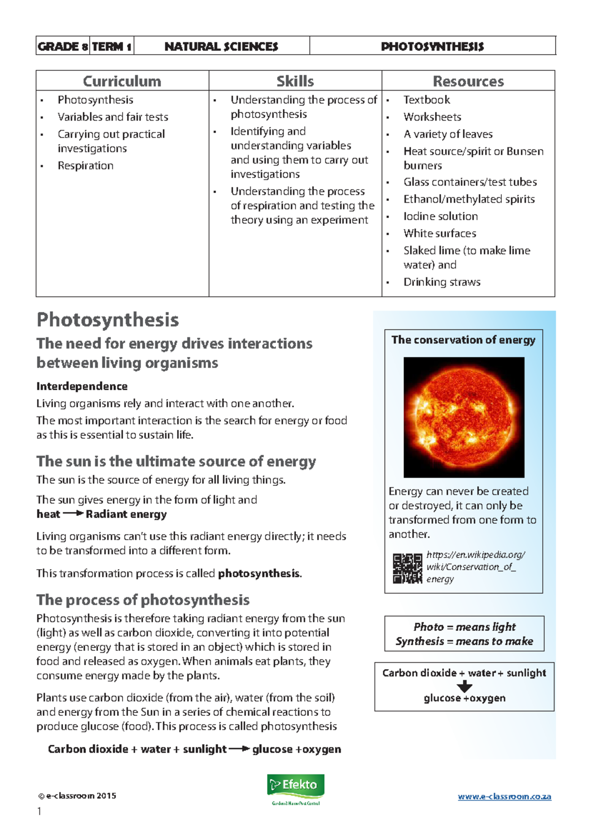 Gr8 NS - Photosynthesis - Worksheet - ©e-classroom 2015 e-classroom.co ...