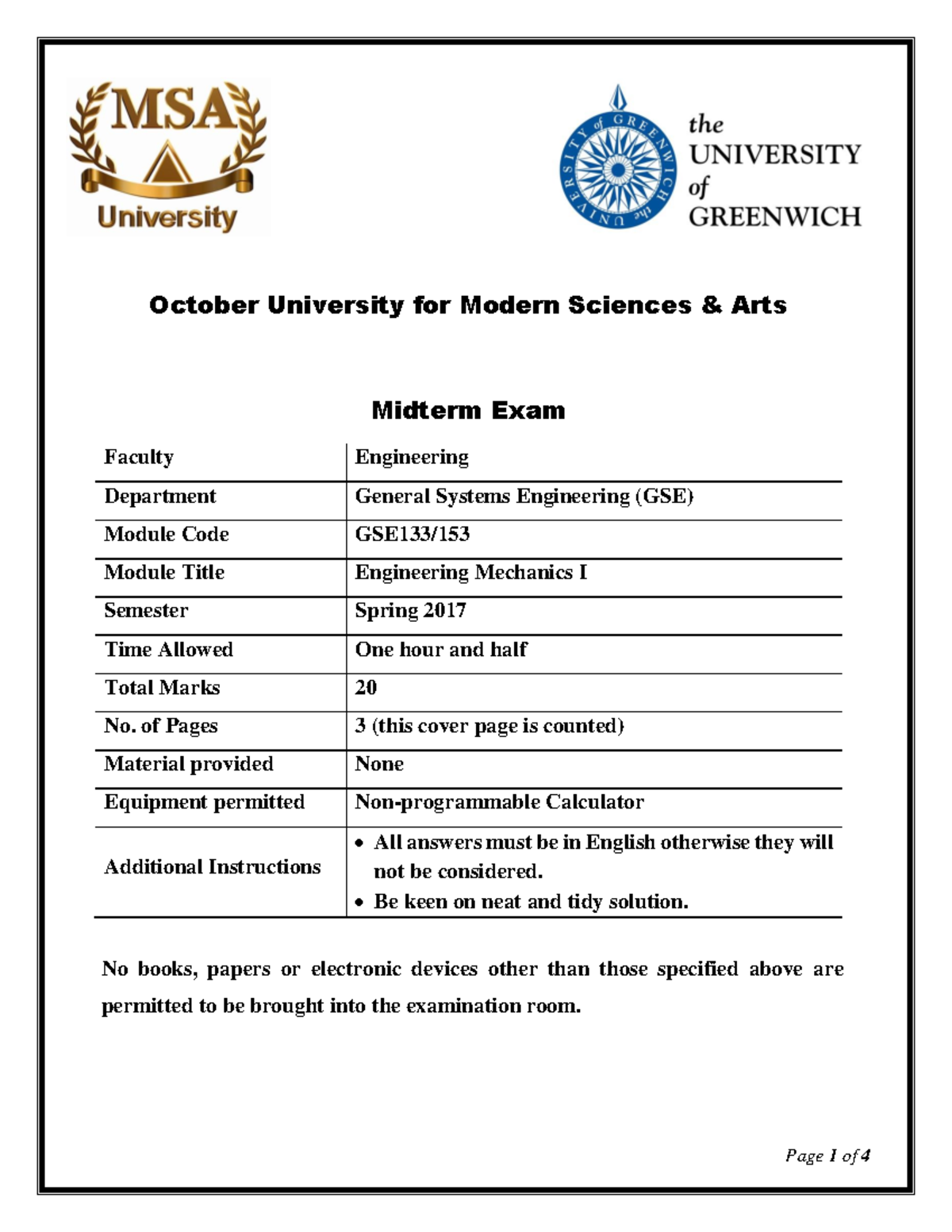 Mechanics - midterm exam - spring 2017 - October University for Modern ...
