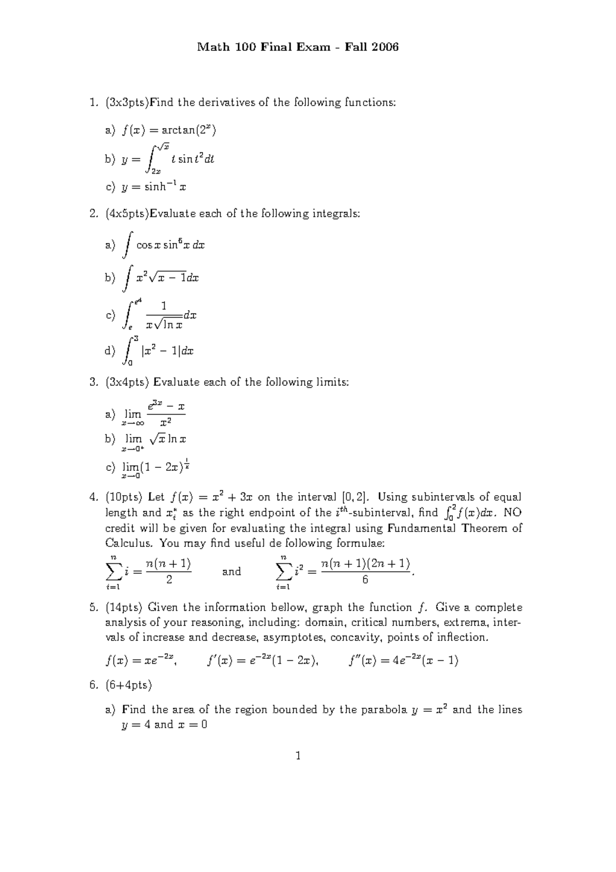 Math100Final 2006 - Practice Final Exam - Math 100 Final Exam - Fall ...