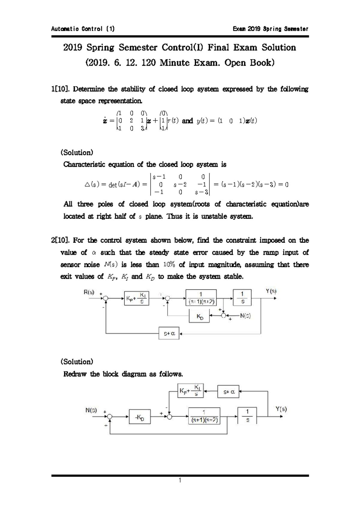 modern control systems - 2019 Spring Semester Control(I) Final Exam ...