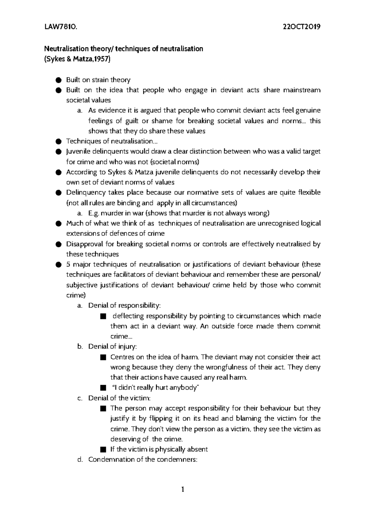 LAW7 22OCT2019 - Lecture notes Law & Criminology - Neutralisation ...