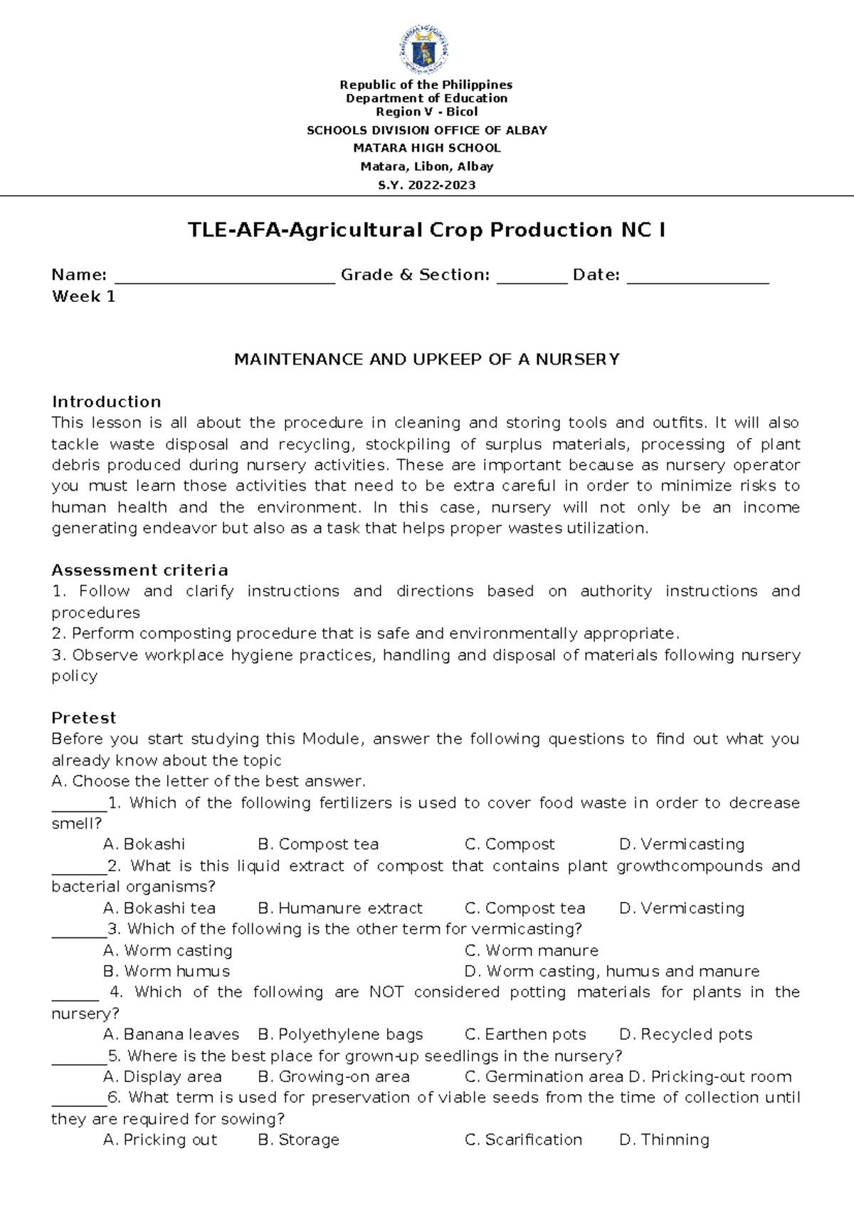 TLE-AFA-Activity Sheet Q4 - Republic of the Philippines Department of Education Region V - Bicol ...