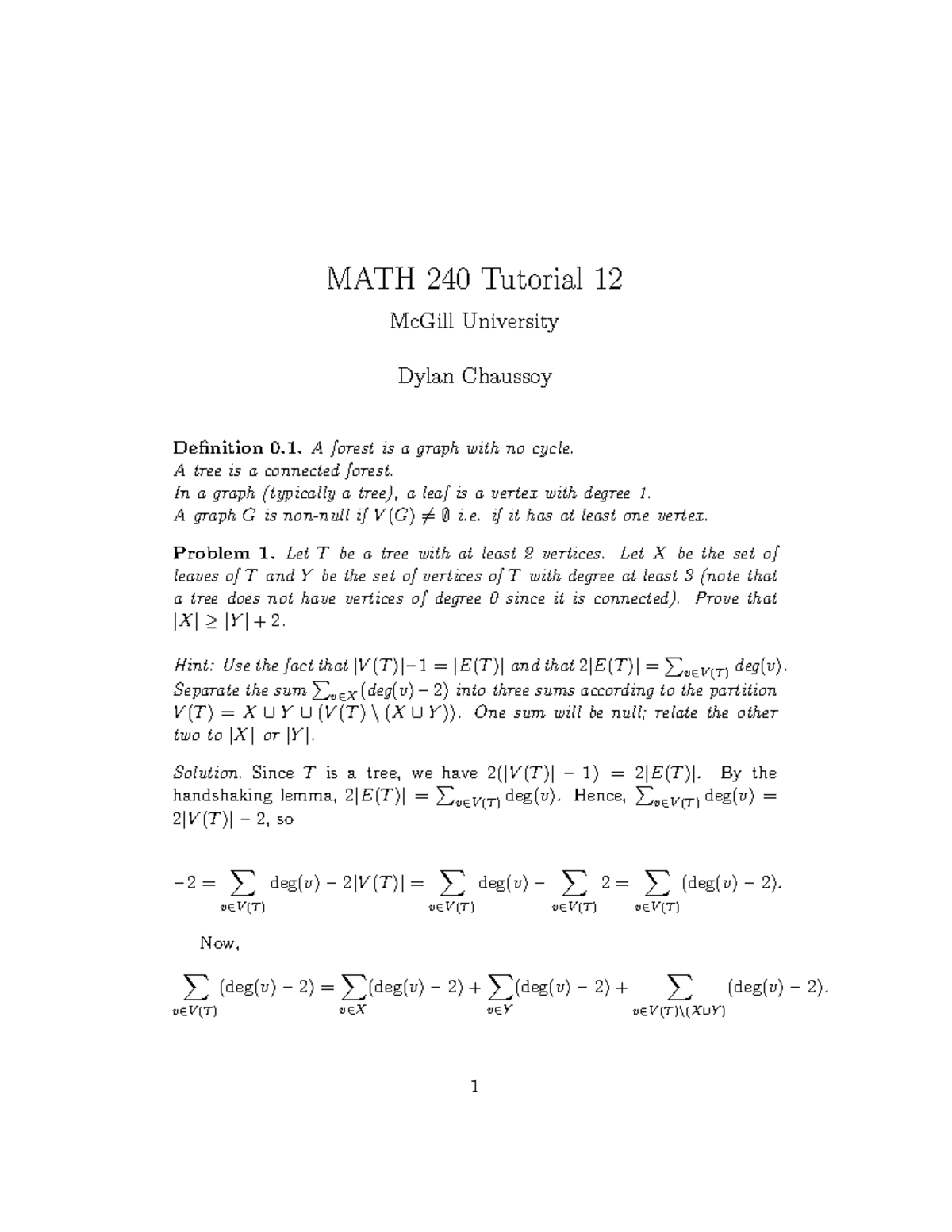 Tut12S - Answers to tutorial. - MATH 240 Tutorial 12 McGill University ...