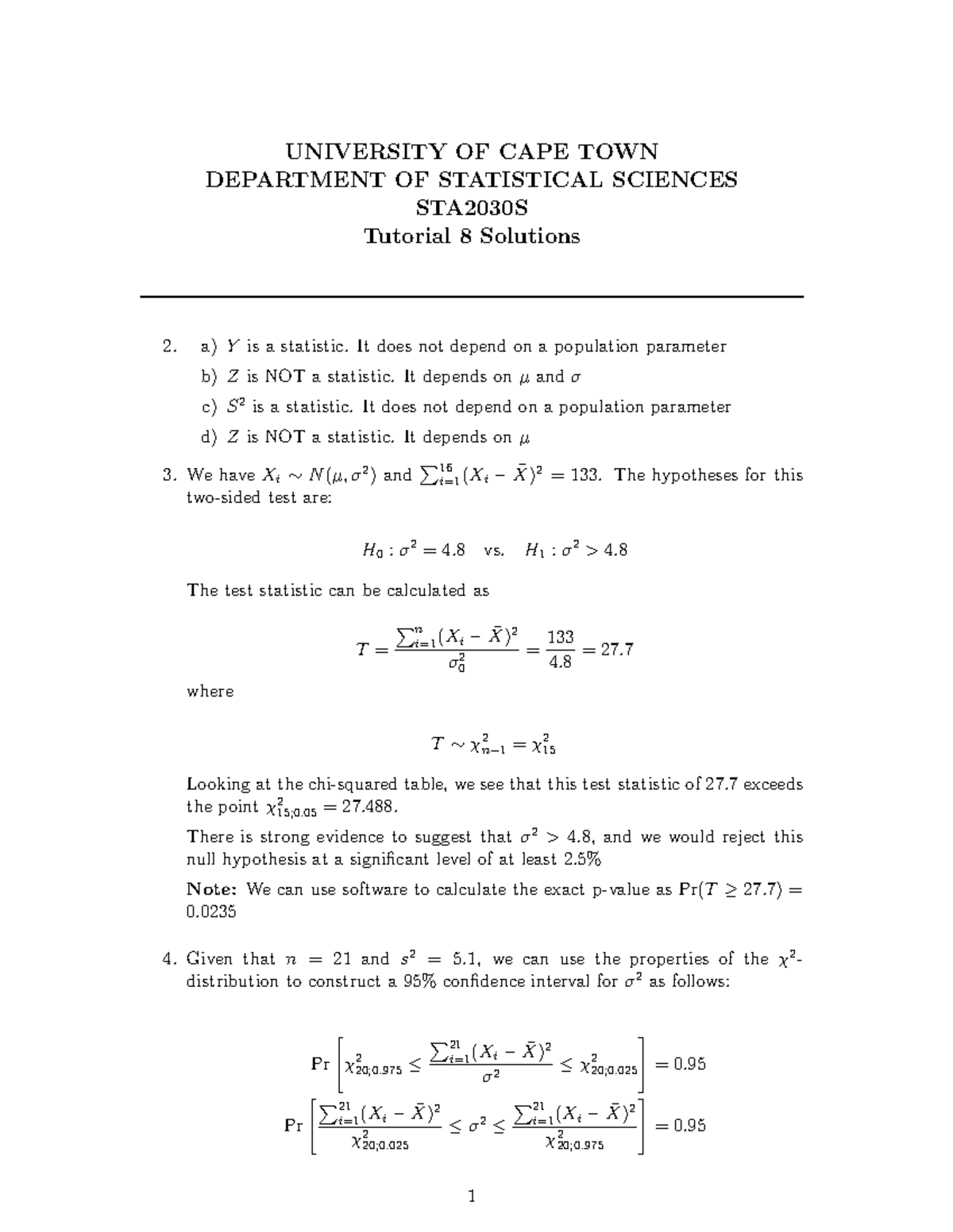 Tutorial 8 Solutions - UNIVERSITY OF CAPE TOWN DEPARTMENT OF STATISTICAL SCIENCES STA2030S ...