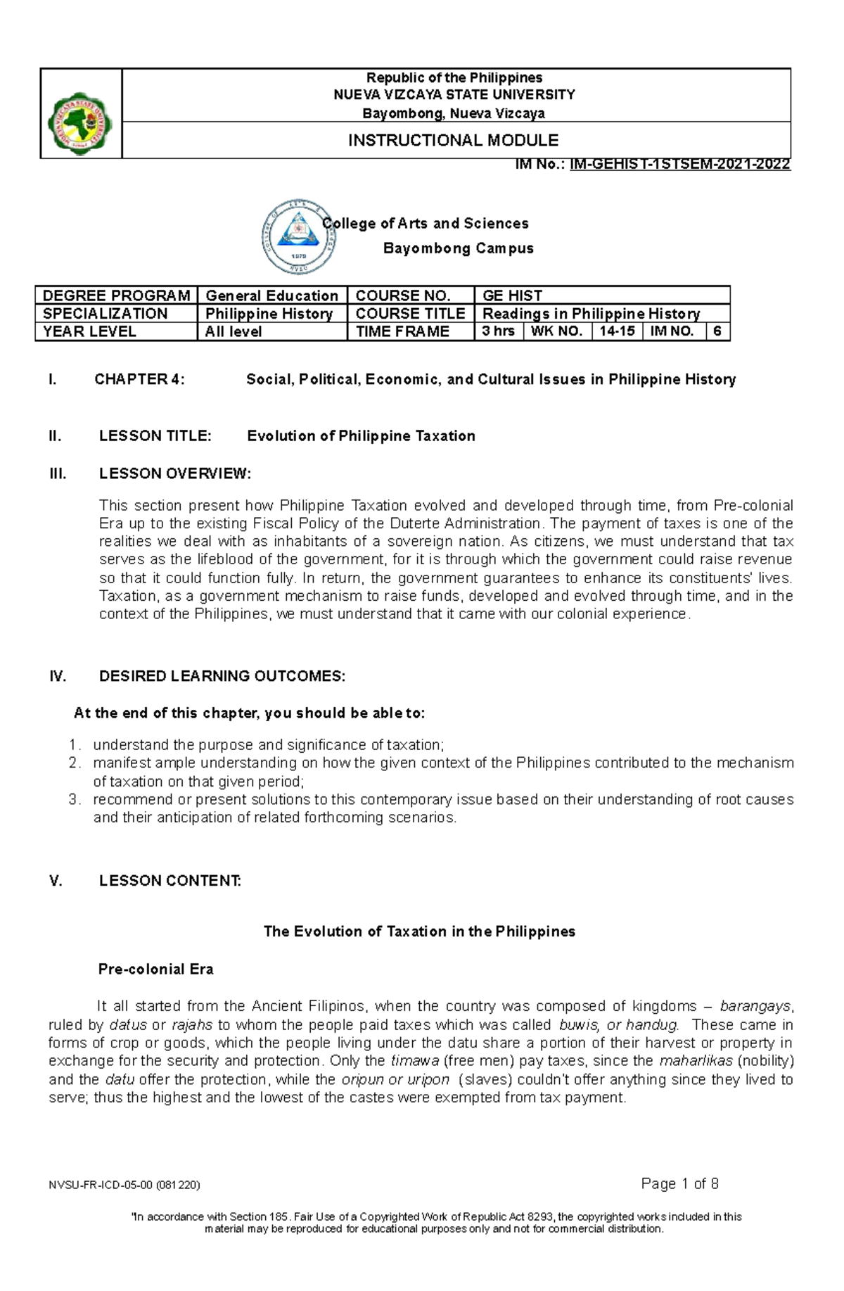 Module 6 Taxation - About tax of the Philippines - IM No.: IM-GEHIST ...
