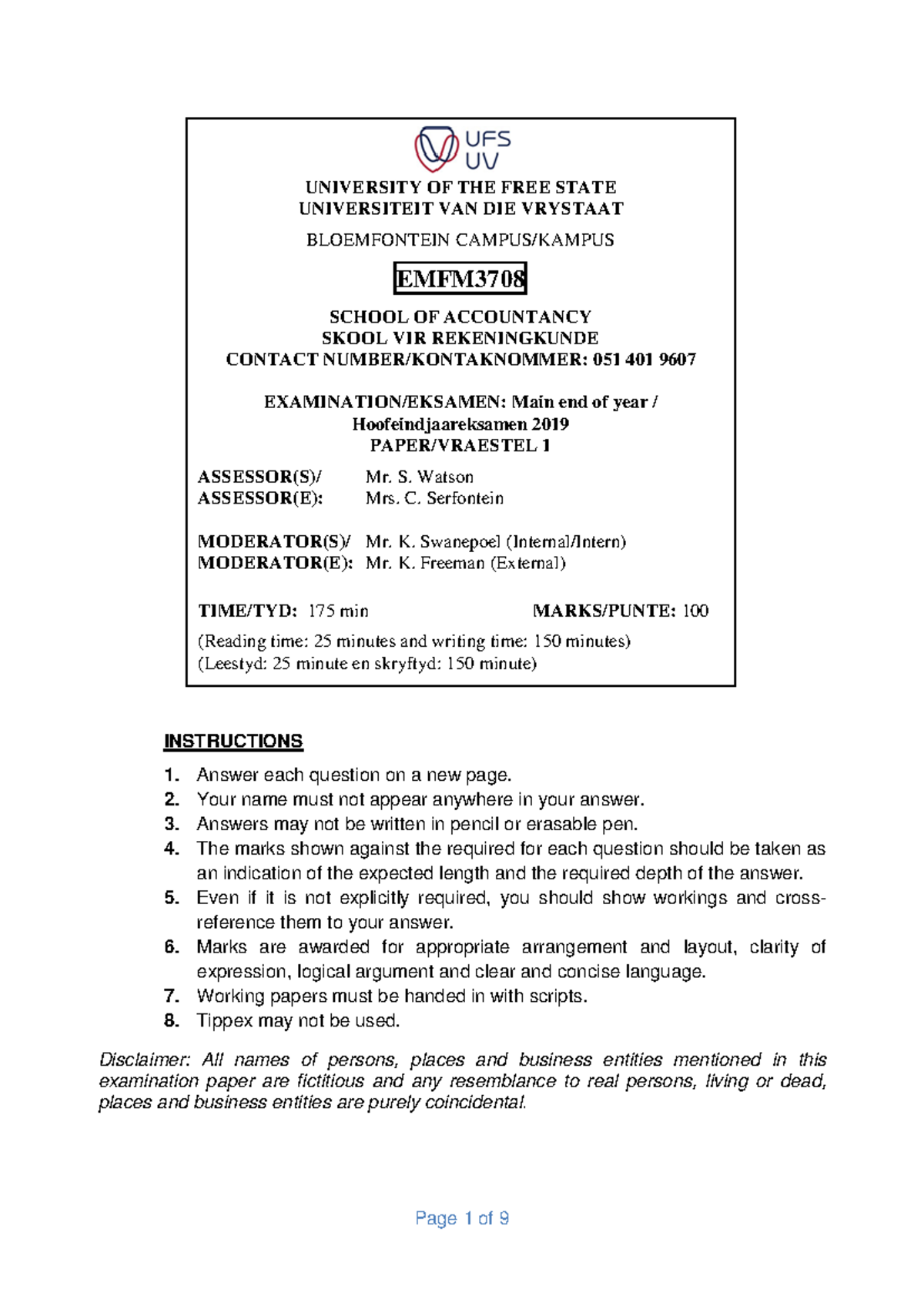 EMFM Exam 1 2019 - INSTRUCTIONS Answer each question on a new page ...