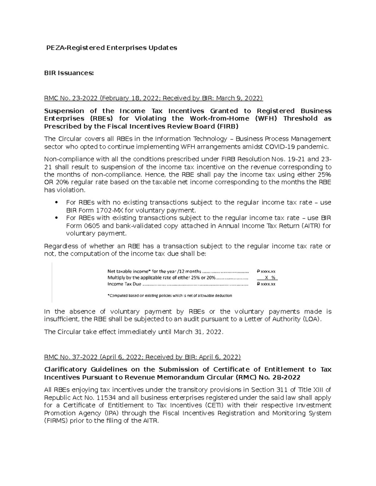 PEZA-Related Issuances Summary March-July 2022 - PEZA-Registered ...